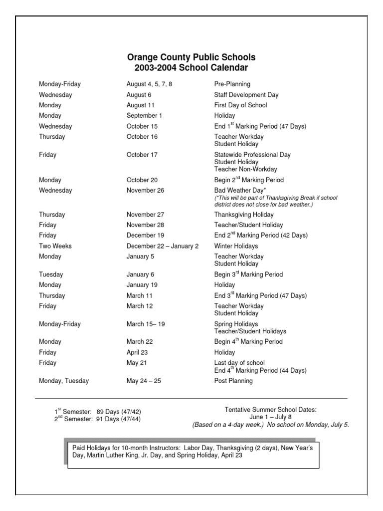 OCPS 2003-2004 School Calendar | PDF | Academic Term | Festival
