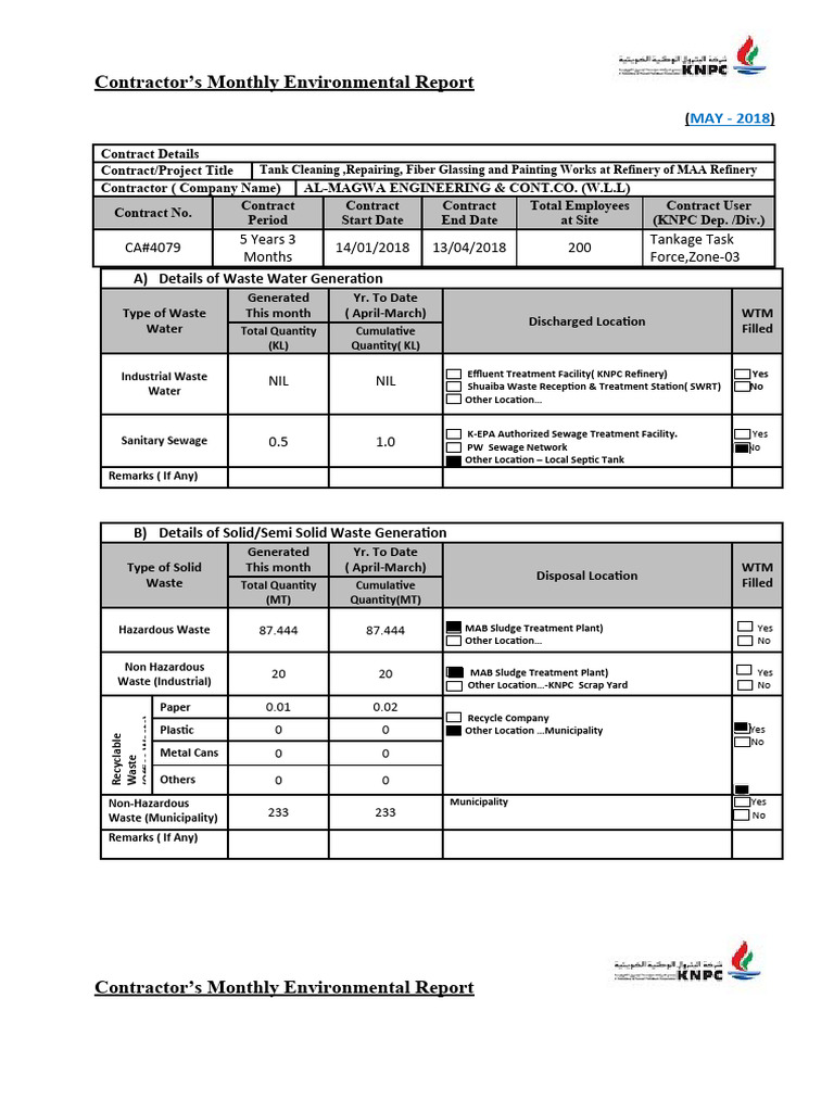Monthly Environmental Report - May 2018 | PDF | Sewage Treatment | Waste
