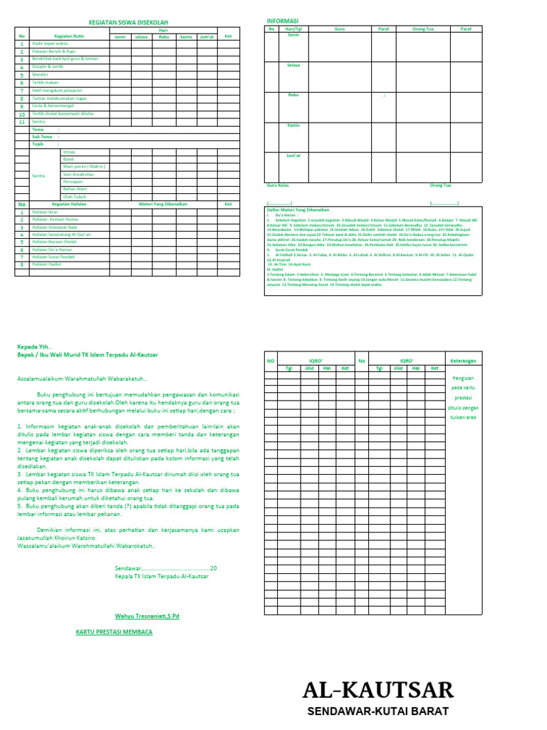 Buku Penghubung TK Islam Terpadu Al-Kautsar | PDF