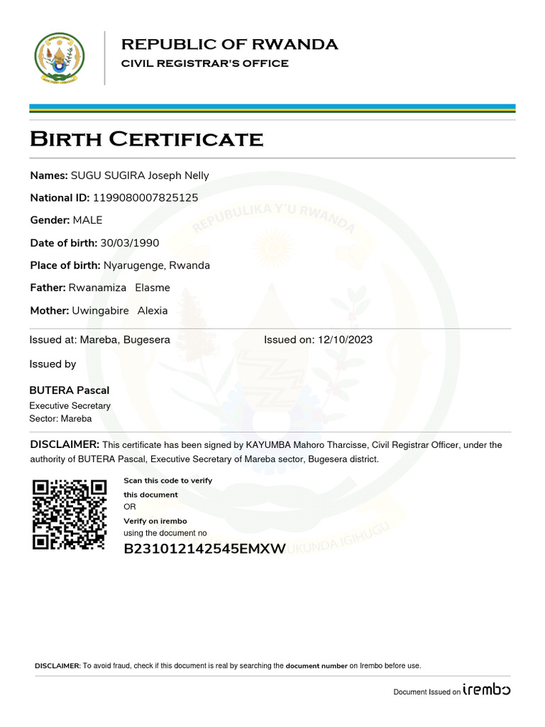 Birth Certificate: Republic of Rwanda | PDF