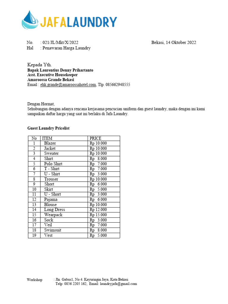 Contoh Surat Penawaran Jasa Laundry Hote | PDF