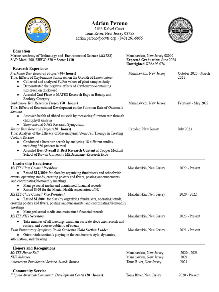 copy of adrian perono - resume | PDF | Sat