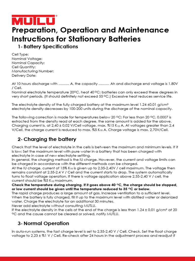MUTLU Stationary Battery Operating and Maintenance Instructions English ...