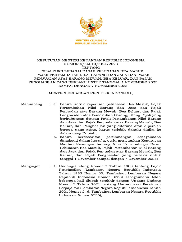 Keputusan Menteri Keuangan Republik Indonesia Nomor 4/KM.10/KF.4/2023 | PDF