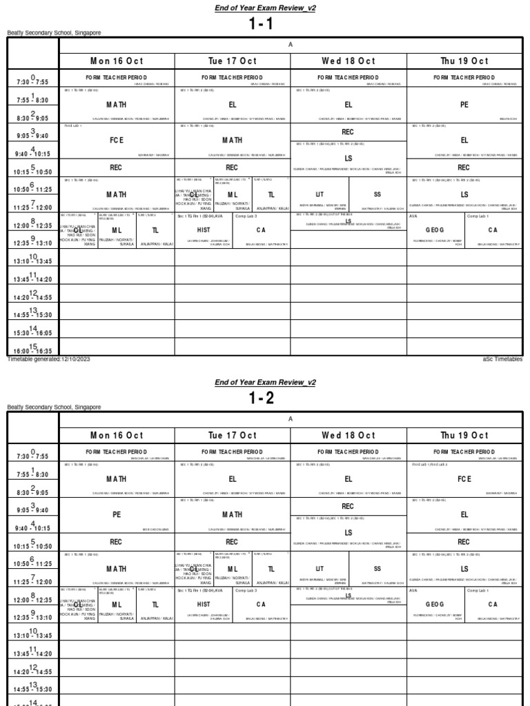 2023 EOY Exam Review Timetable - Classes - v2 | PDF