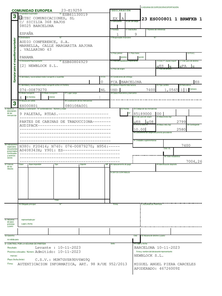 Declaración Aduanera de Exportación | PDF