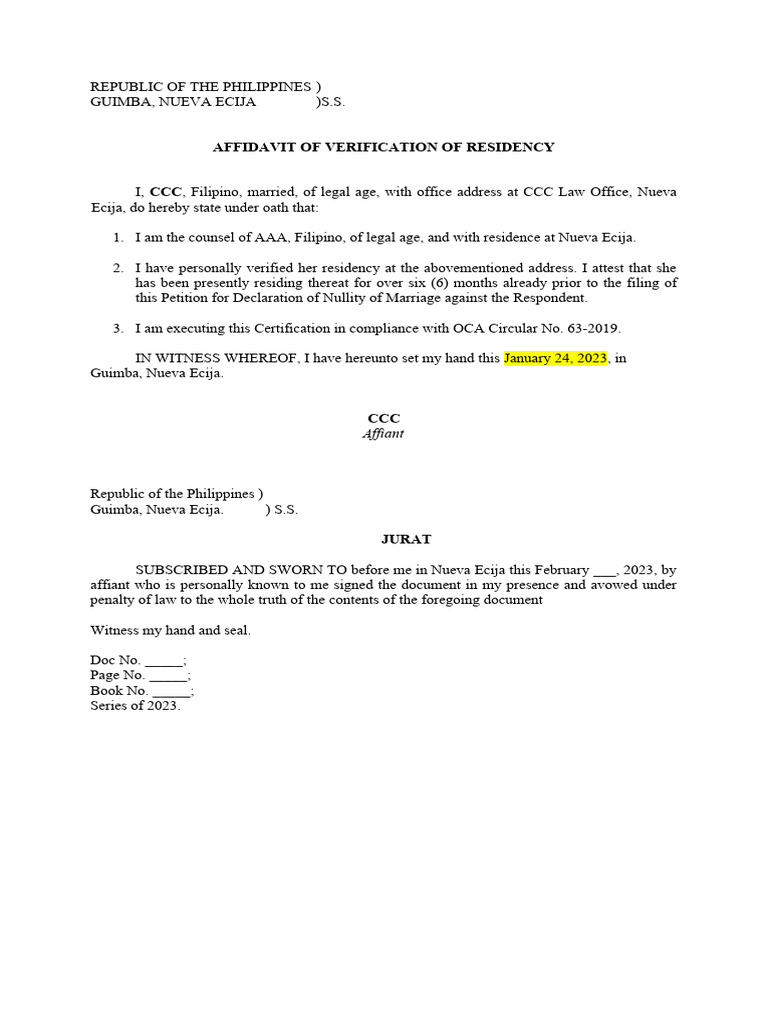 Counsel's Affidavit of Verification of Residency | PDF | Politics | Law