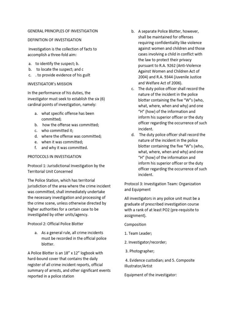 General Principles of Investigation | PDF | Crime Scene | Police