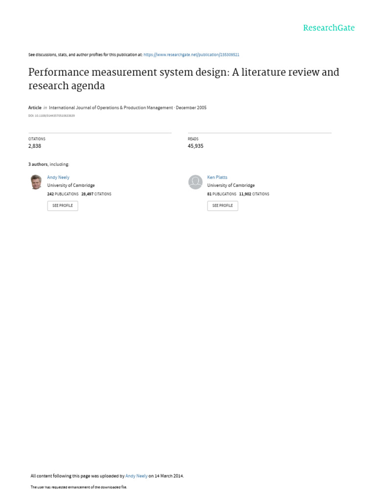 Performance Measurement System Design A Literature Pdf Quality Business Six Sigma
