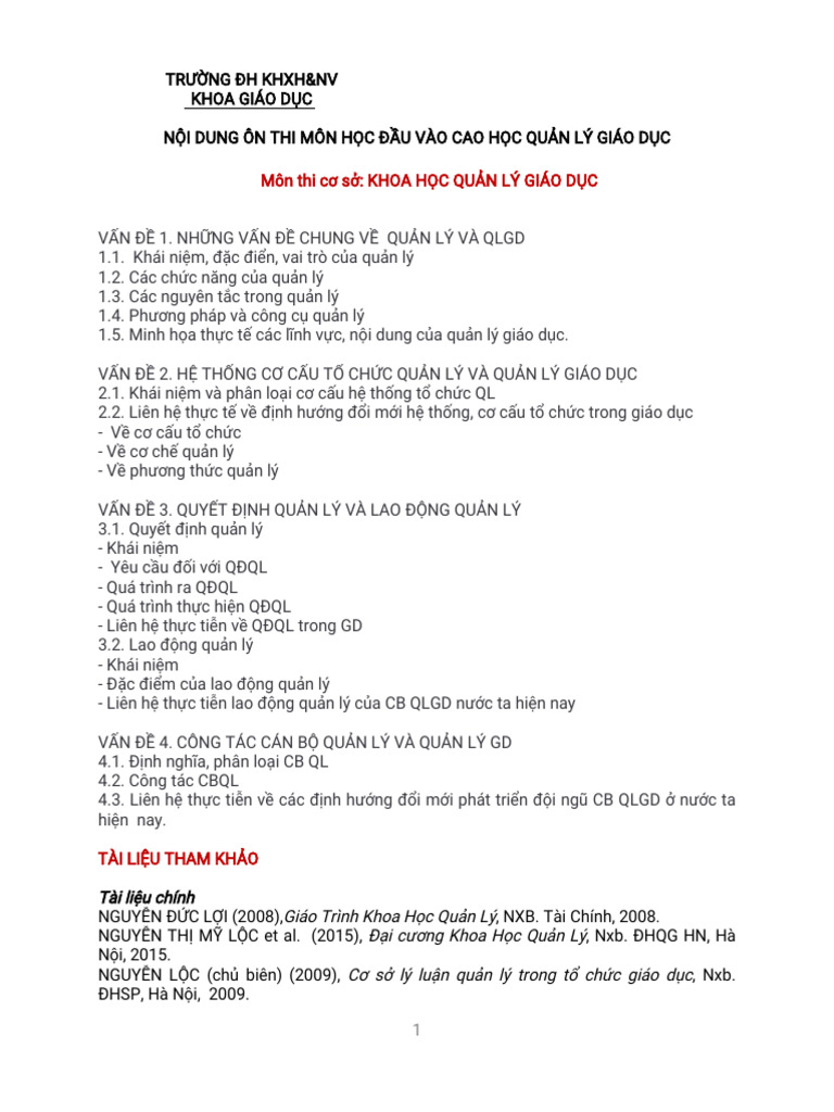 Đề Cương Ôn Thi CH - KH QLGD 2019 | PDF