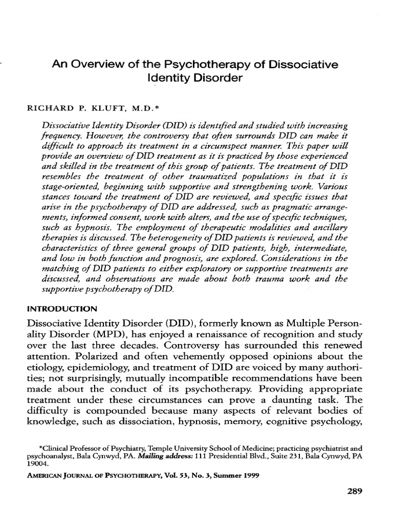 Psychotherapy of Dissociative Identity Disorder | PDF | Psychotherapy ...