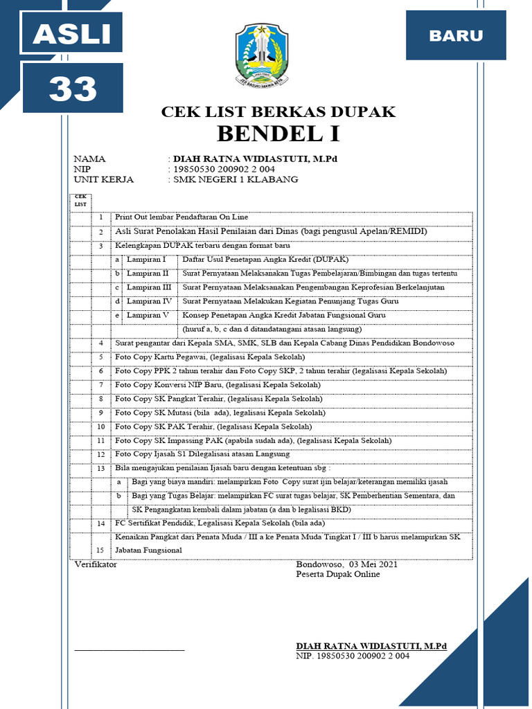 Bendel I-Ii-Ceklist Dan Cover Dupak Asli | PDF