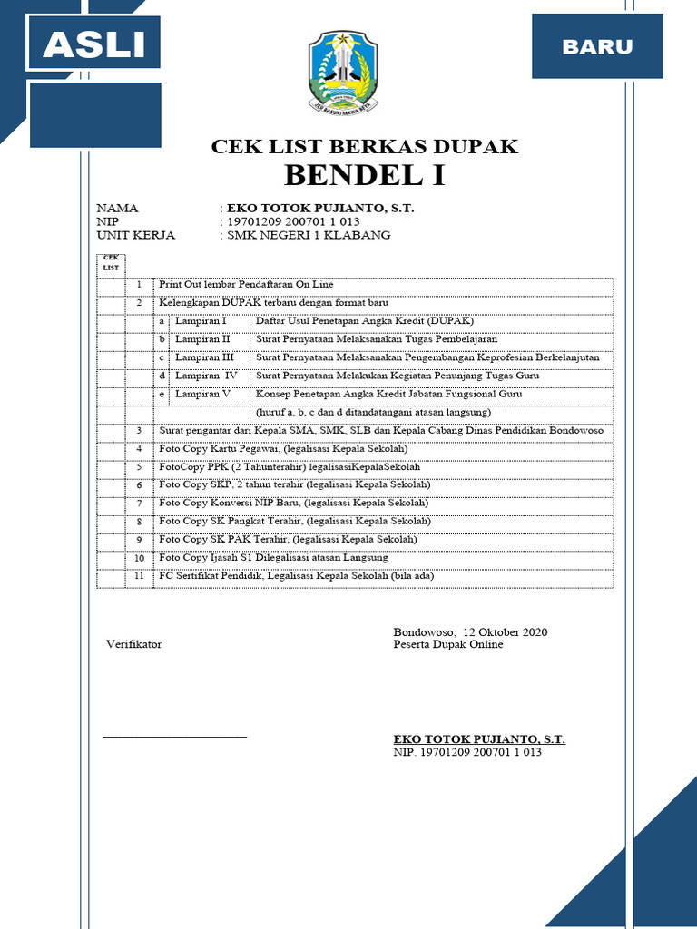 Bendel I-II-Ceklist & Cover DUPAK Asli | PDF | Pengelolaan Keuangan & Uang | Sains & Matematika