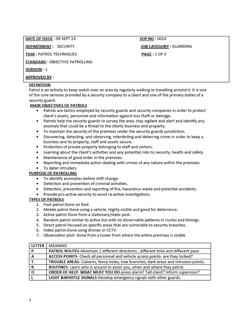 Security Patrol Techniques and Objectives | PDF | Security Guard | Safety