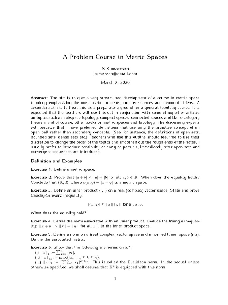 A Problem Course in Metric Spaces | PDF | Compact Space | Continuous Function