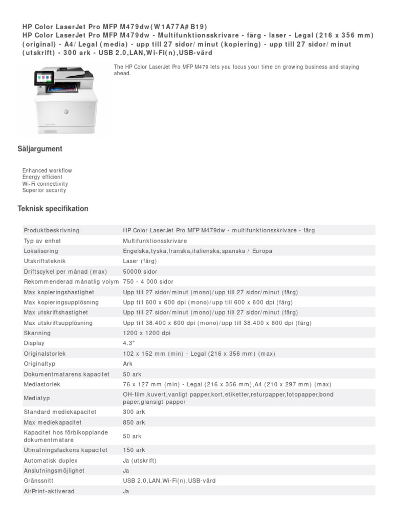 Product Data Sheet - HP Color LaserJet Pro MFP M479dw (W1A77A#B19) | PDF