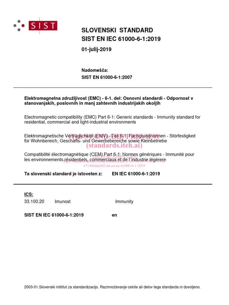 SIST-EN-IEC-61000-6-1-2019 EMC Industrial Enviornment | PDF ...
