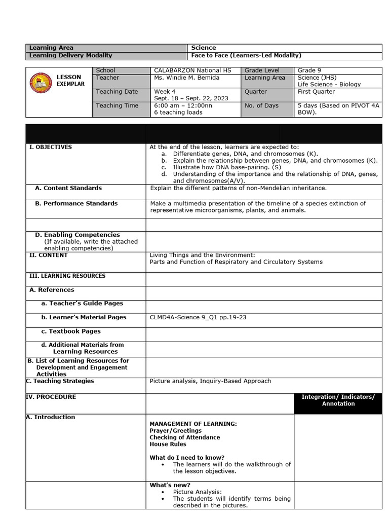 Lesson Plan For Grade 9 Science Quarter 1 Week 4 | PDF | Learning | Dna