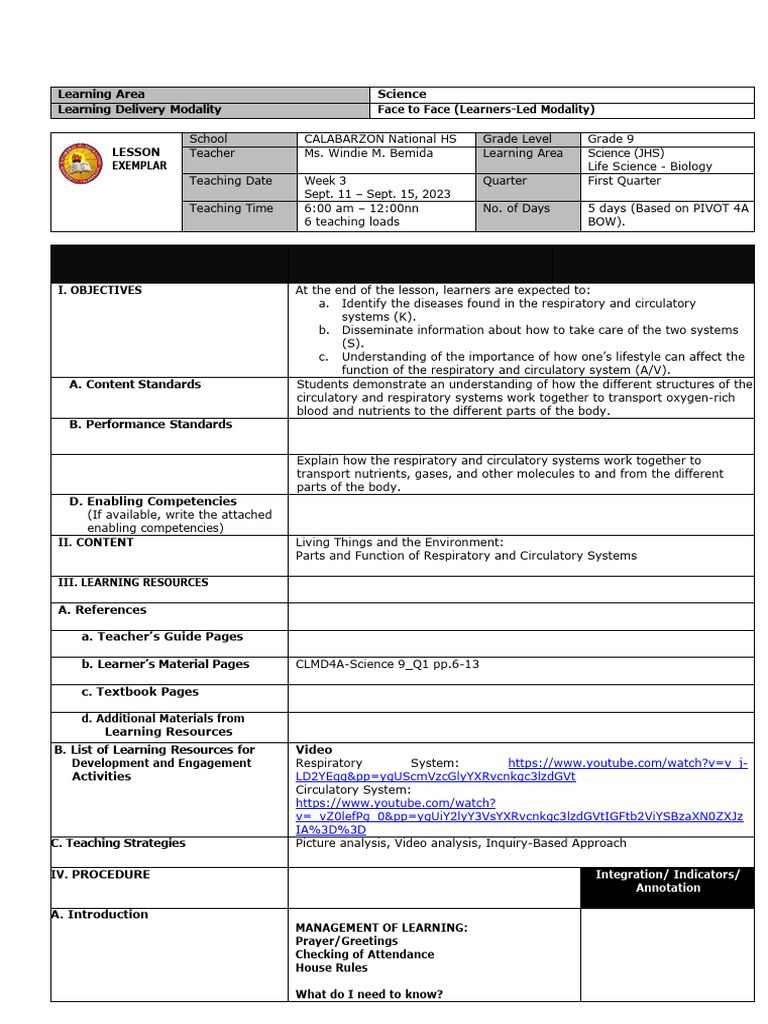 Lesson Plan For Grade 9 Science Quarter 1 Week 3 | PDF | Learning | Teachers