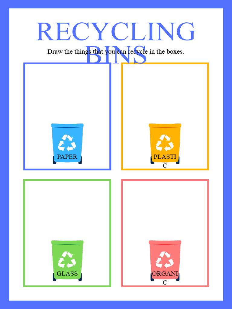 Recycling Bins Blue White English Drawing Worksheet | PDF | Art