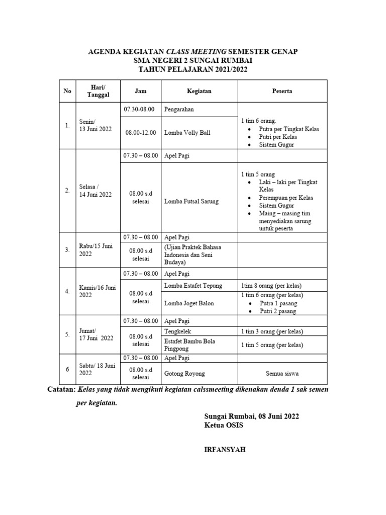 Agenda Kegiatan Class Meeting Semester Genap 2022 | PDF