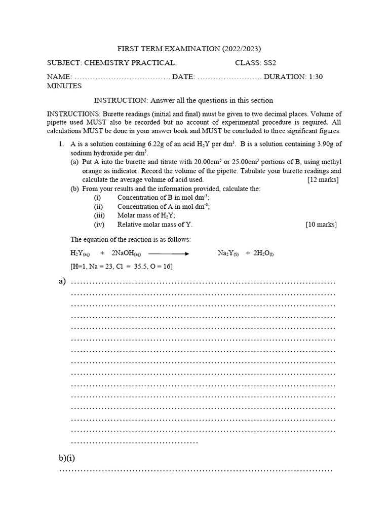 SS2 First Term Chemistry Practical Exam | PDF | Titration | Chemistry