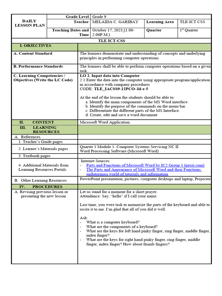 Lesson Plan in TLE 9 (COT1) SY2023-2024 WEEK 8 | PDF | Microsoft Word ...