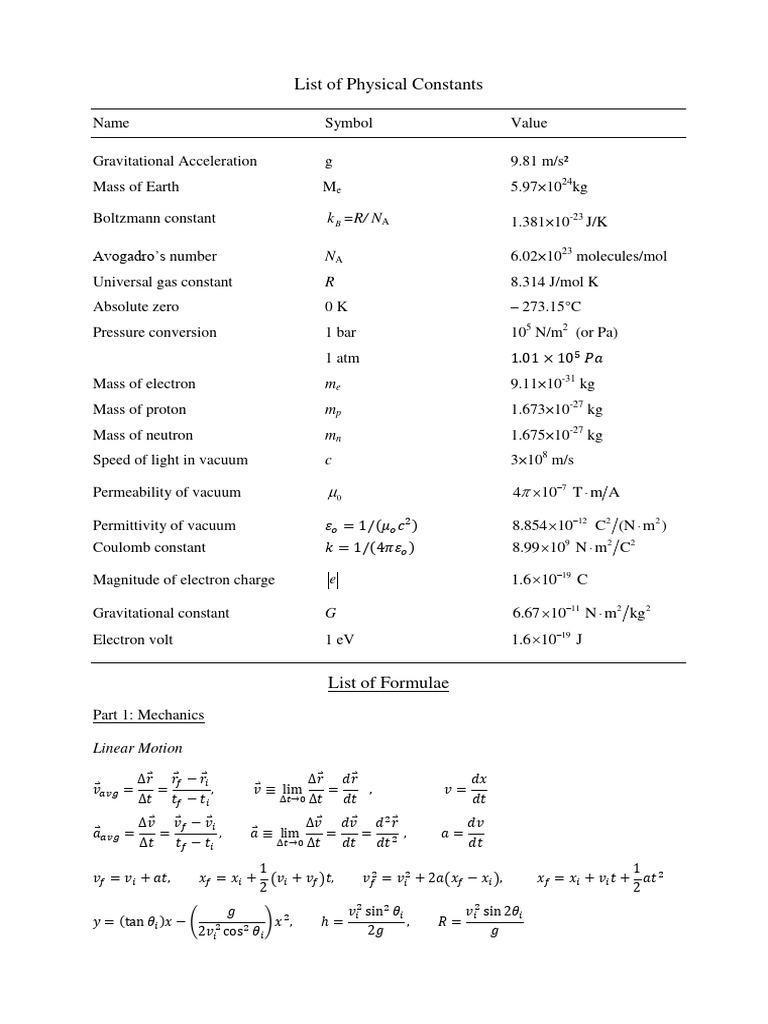 Formula Sheet | PDF | Electronvolt | Mass