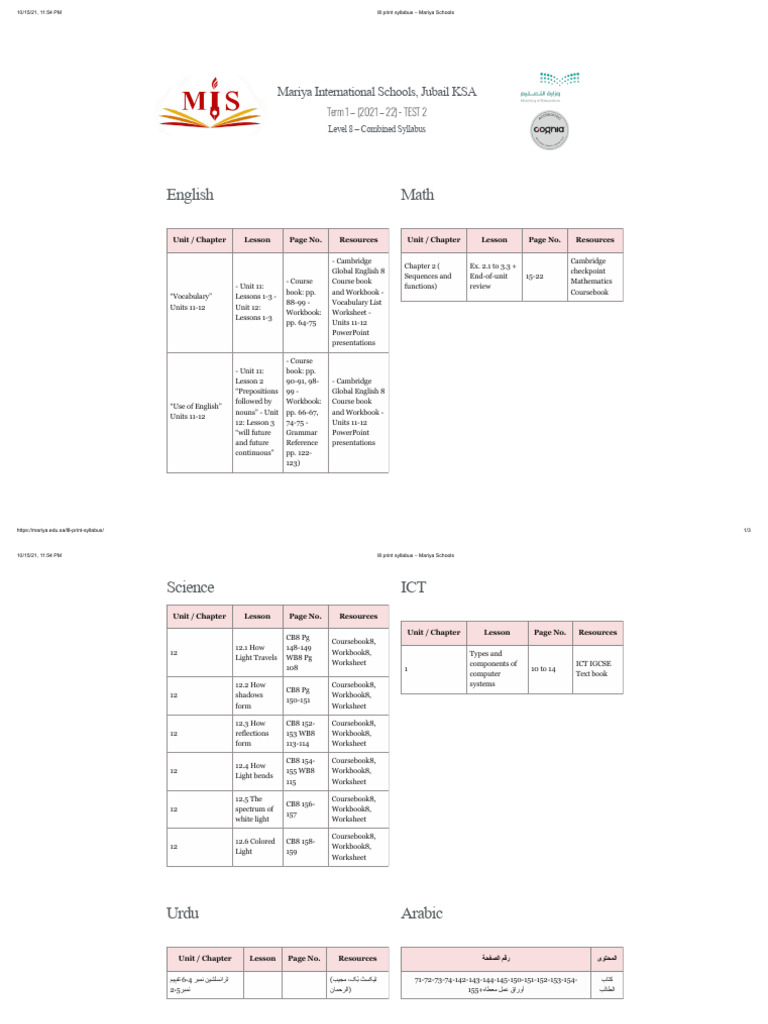 l8 Test 2 Syllabus - Mariya Schools | PDF | Worksheet | English Language