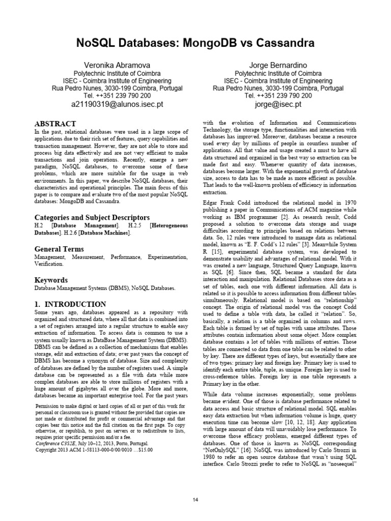 Mongodb Vs Cassandra Pdf No Sql Databases