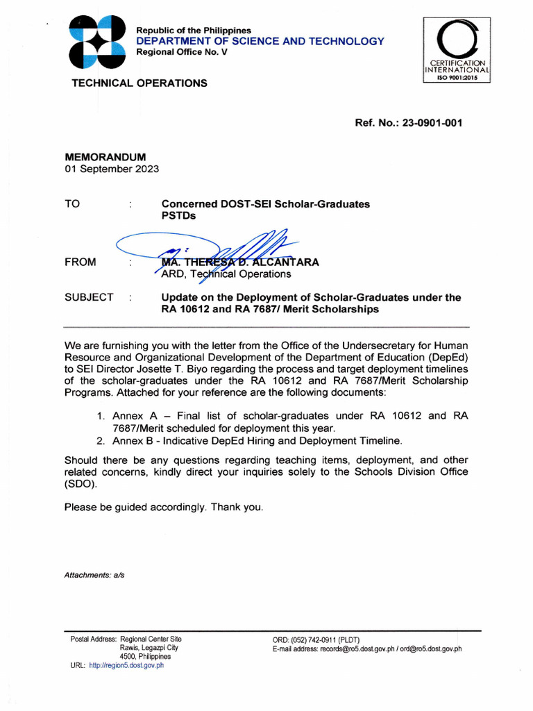 DOST V MEMO To Scholars Deped Deployment - 2023 | PDF