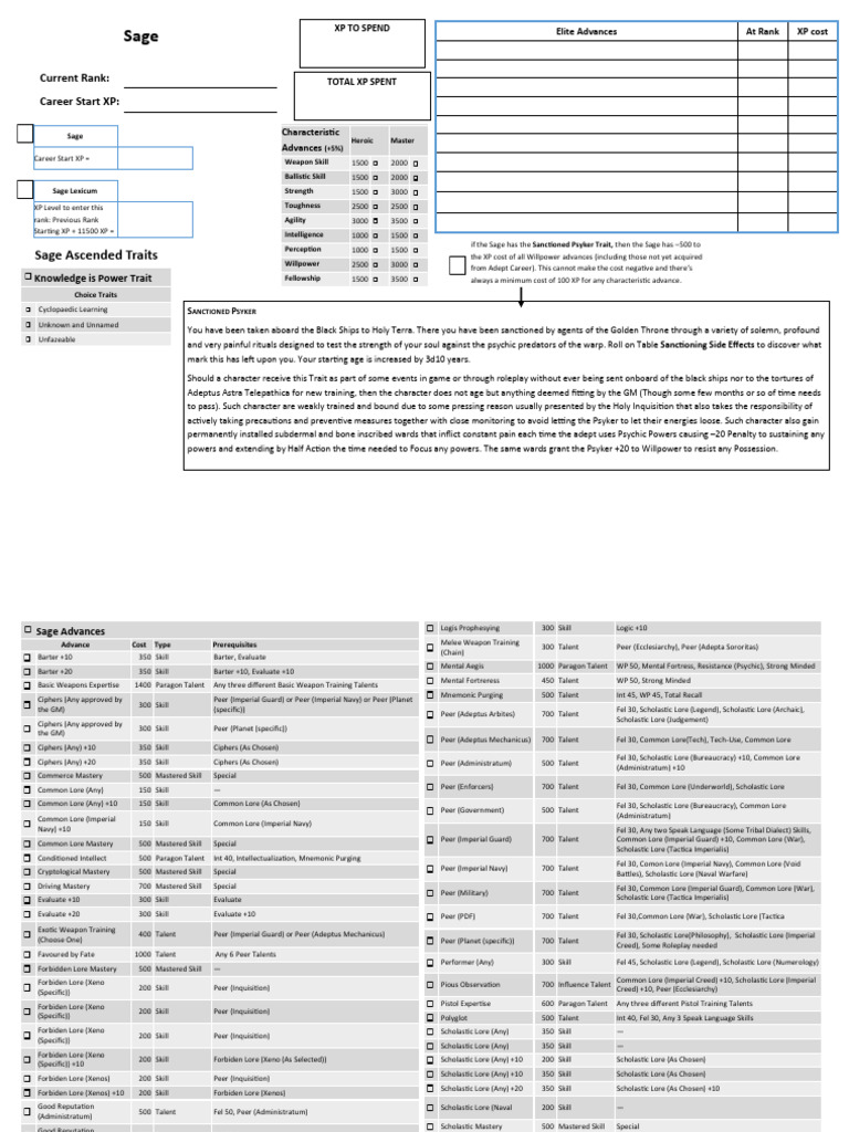 Advanced Dark Heresy - Character Sheet - Ascension - Sage | PDF