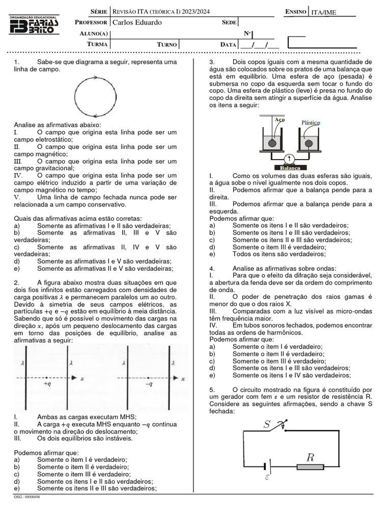 Revisão ITA (2024 - 1° Fase) Teórica I | PDF | Magnetismo | Tempo