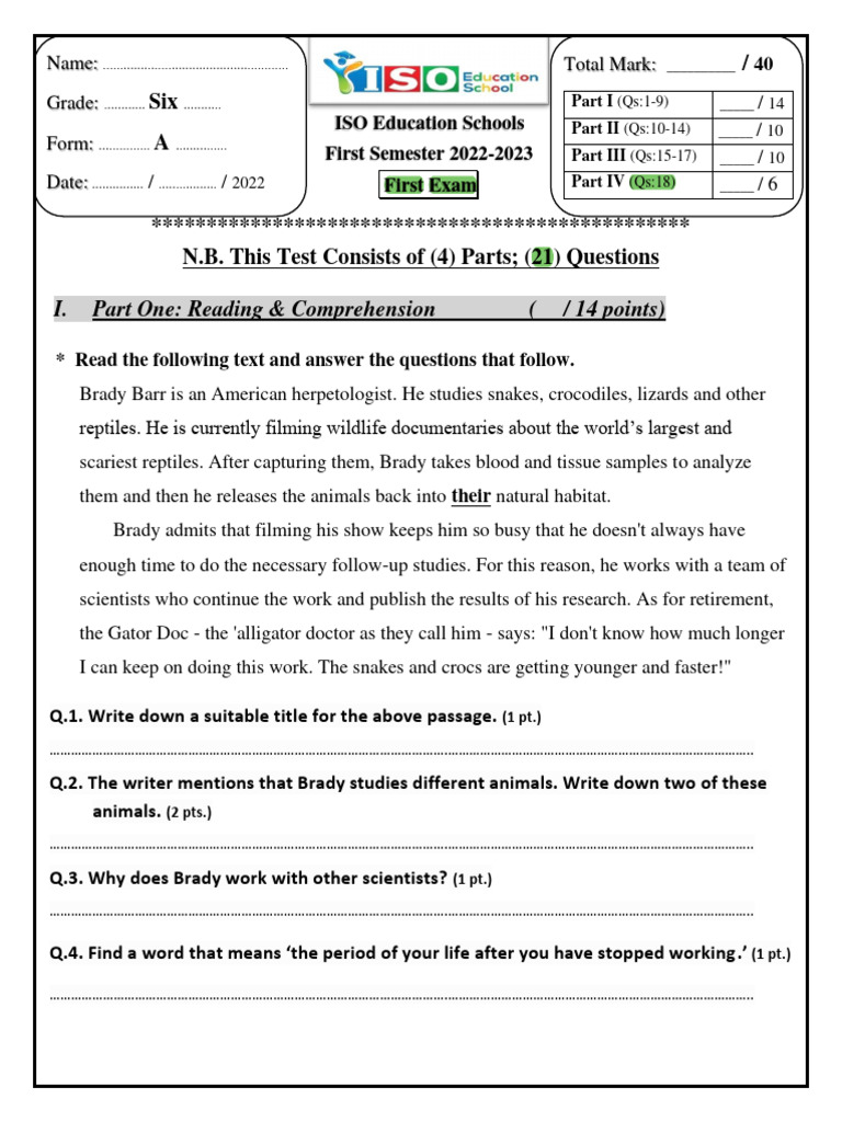 6th G, Midterm Exam-Form A at Mariam (Final Edition) | PDF | Linguistics | Grammar