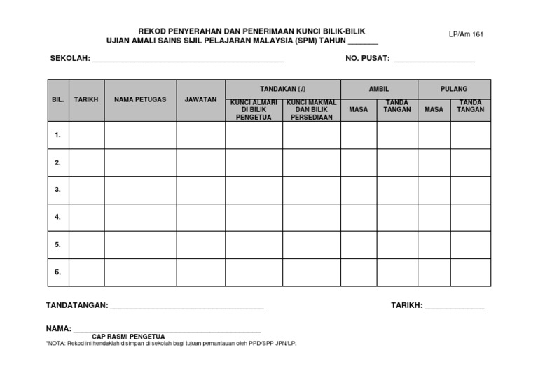 Rekod Penyerahan Dan Penerimaan Kunci Bilik-Bilik LP Am 161 | PDF