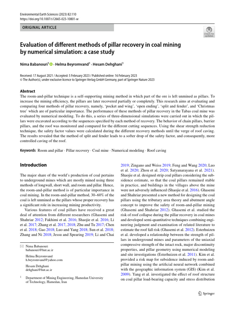 Evaluation of Different Methods of Pillar Recovery in Coal Mining by Numerical Simulation: A ...