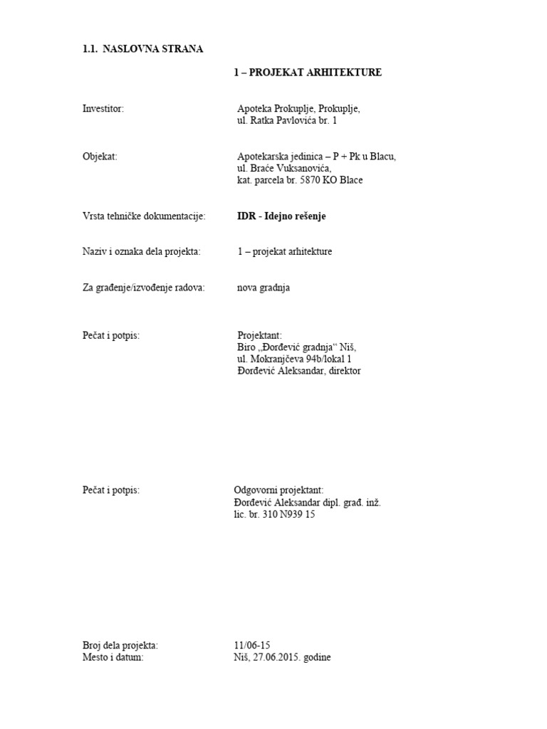 Idejno Resenje - Apoteka Blace | PDF