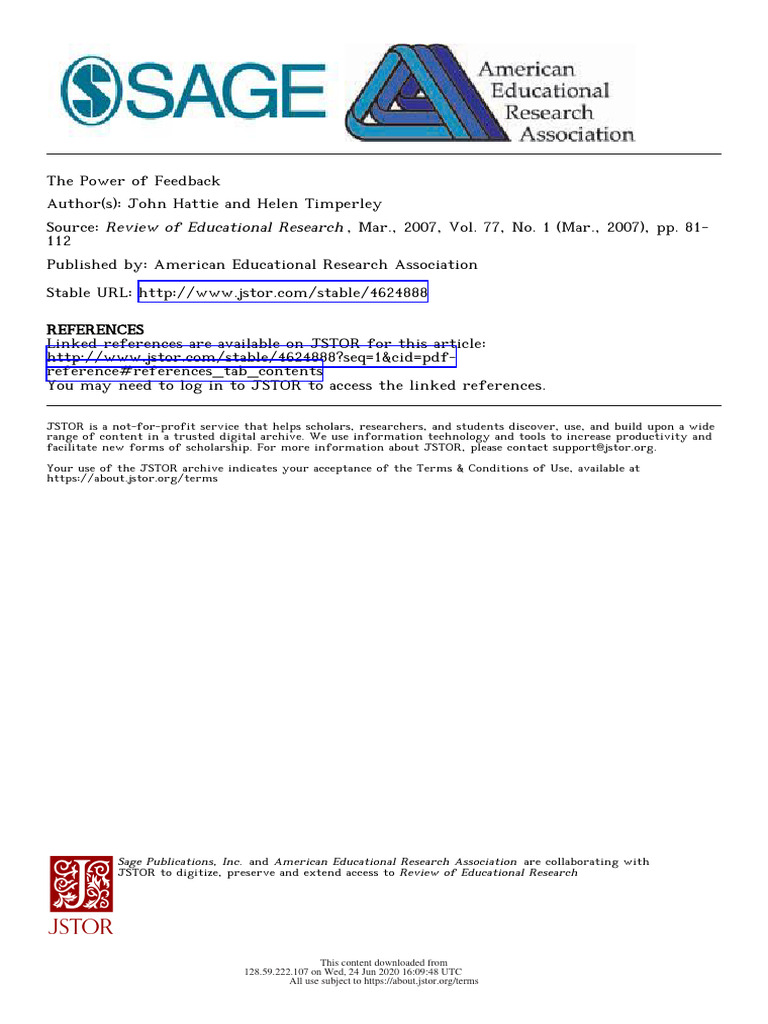 The Power of Feedback in Education | PDF | Goal | Metacognition