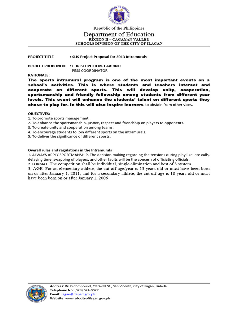 2013 SLIS Intramurals Project Proposal | PDF | Entertainment | Sports