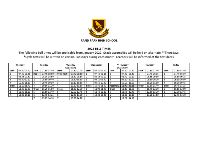 Bell-Times-2022 Randpark High | PDF