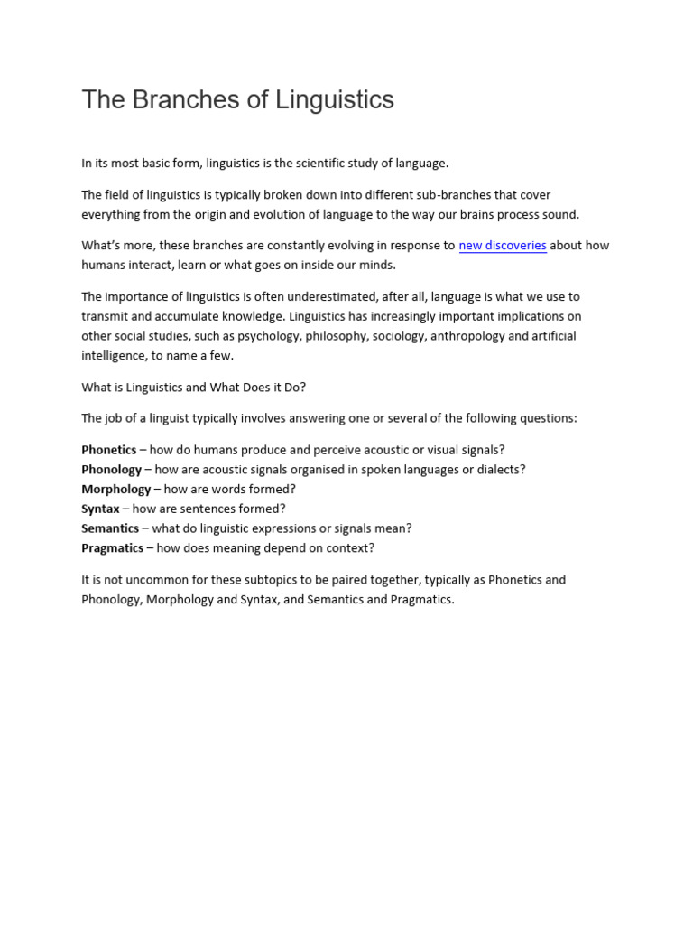 The Branches of Linguistics | PDF | Linguistics | Word