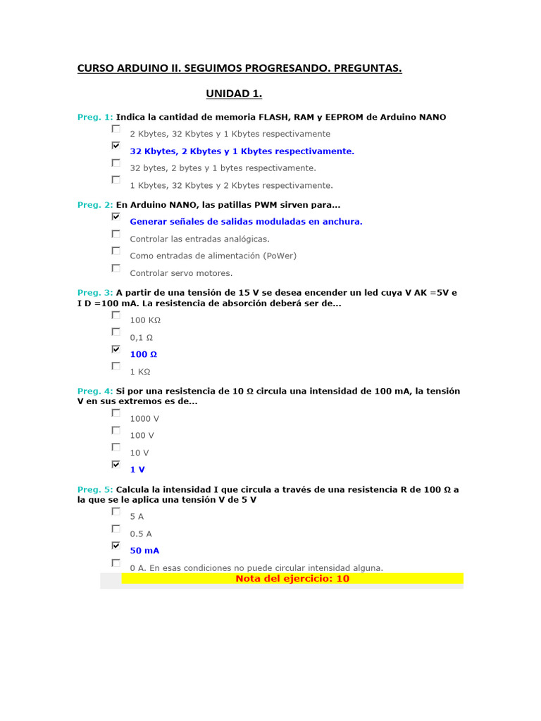 Curso Arduino II. Preguntas. Unidad 1. | PDF