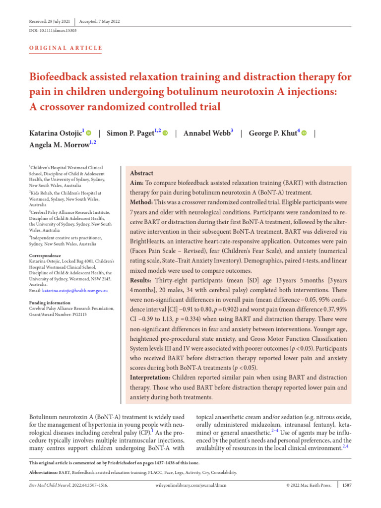 Develop Med Child Neuro - 2022 - Ostojic - Biofeedback Assisted Relaxation Training and ...