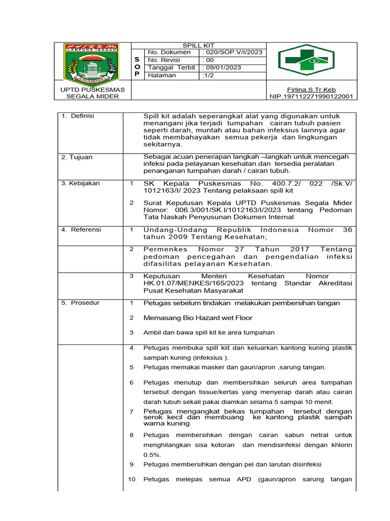 Prosedur Penggunaan Spill Kit Puskesmas | PDF