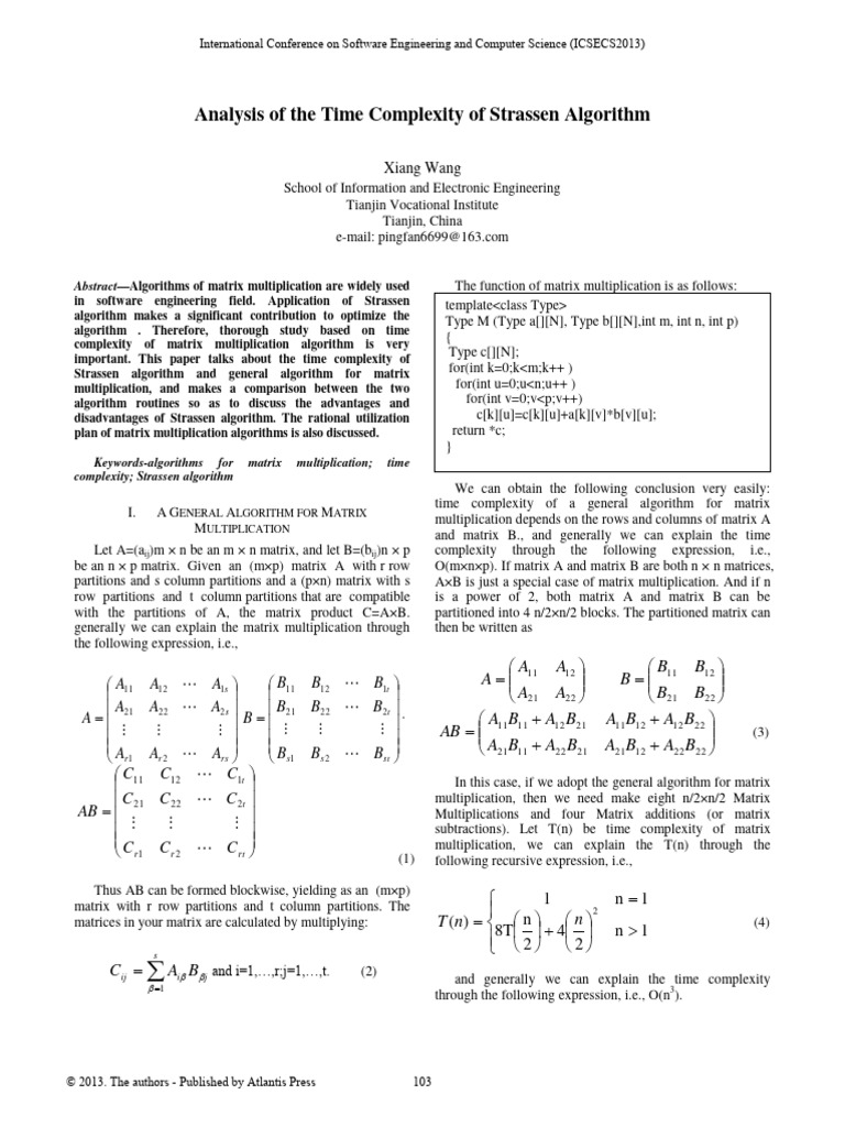 Analysis of Time Complexity of Strassens Algo | Download Free PDF ...