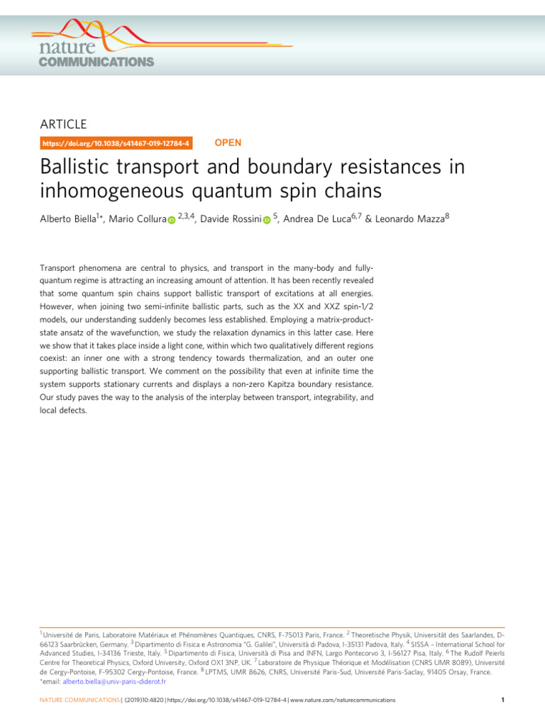 Ballistic Transport and Boundary Resistances | PDF | Quantum Entanglement | Relaxation (Nmr)