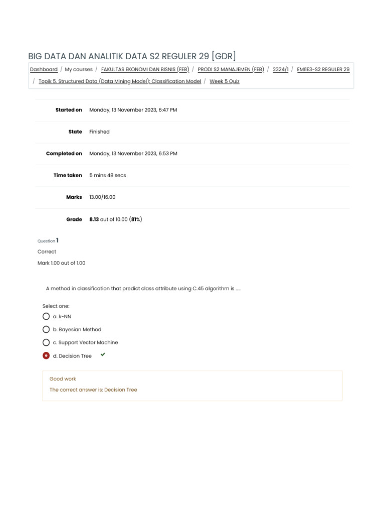 S2 Big Data Week 5 Quiz - Attempt Review | PDF | Sensitivity And Specificity | Statistical ...