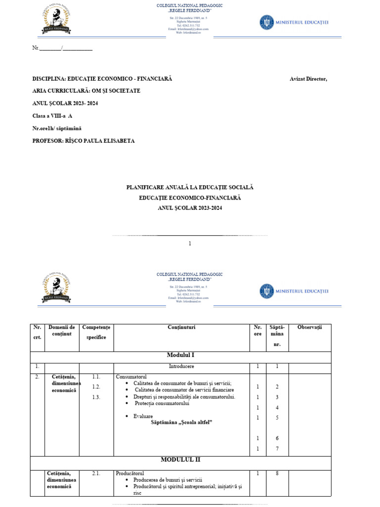 PLANIFICARE EDUCATIE FINANCIARA - Cls A VIII A | PDF