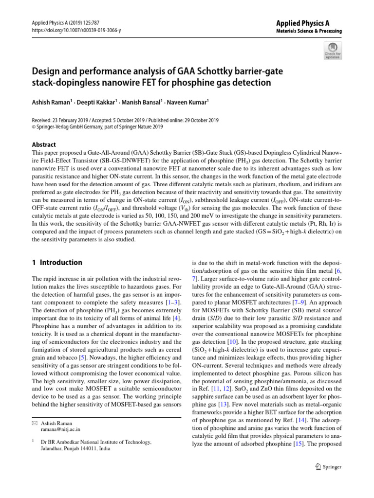 Design and Performance Analysis of GAA Schottky Barrier Gate Stack Dopingless Nanowire FET For ...
