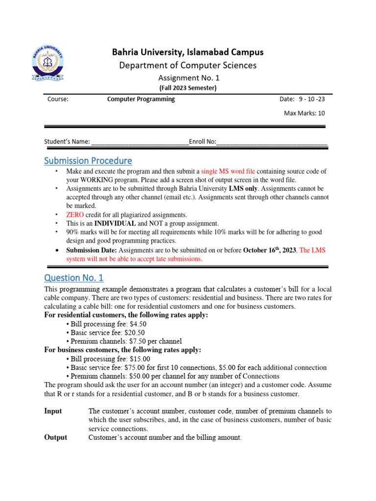 Assign No 1 Fall 2023 09102023 042910pm Pdf Computer Program Programming 8244